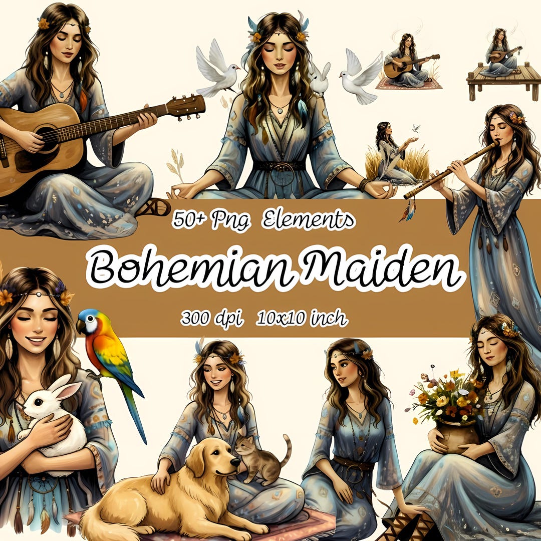 50+ Bohemian Maiden PNG Clipart Bundle | Boho Woman Graphics ...