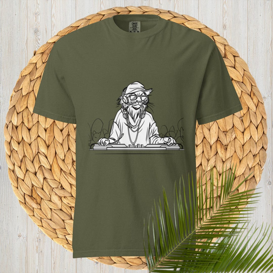 Line Art Cat DJ Tee, Cat Djing Turntables Graphic, Comfort Colors 1717 ...