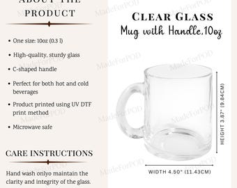 10oz Clear Glass Mug Size Chart, Glass Mug Care Card, Glass Mug Mockup ...