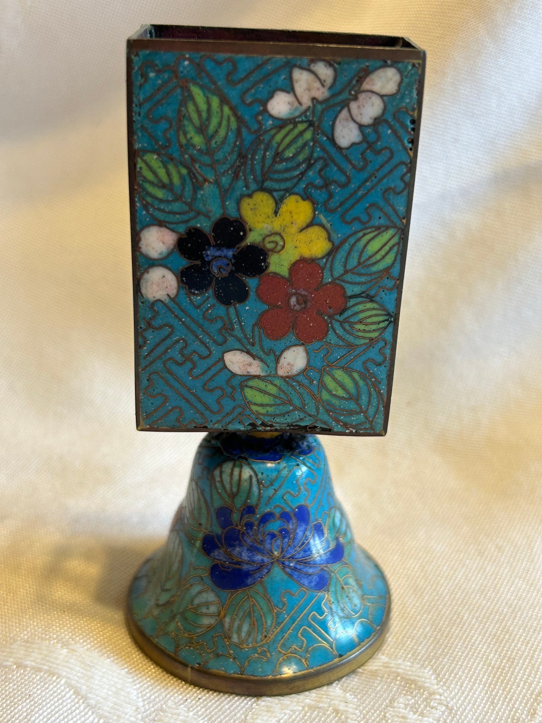 Antique Copper and Enamel Cloisonne Matchbox Holder on Bell-shaped ...