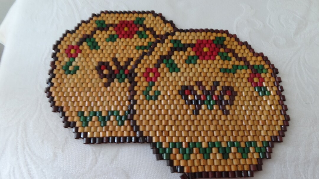 Pair of Vintage Trivets Made From Wooden Beads With Flower and ...