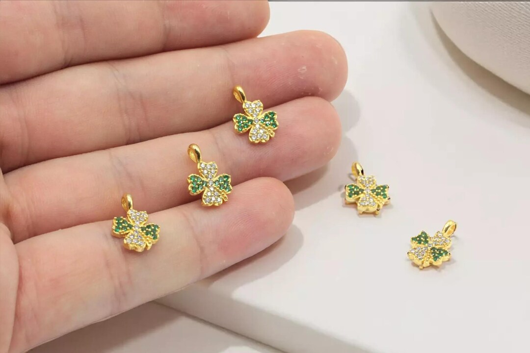 Gold Plated Clover Charm, Micro Pave Flower, Mini Clover Charm, Floral ...