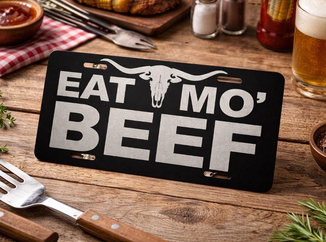 EAT MO' BEEF Black Novelty License Plate – Custom Longhorn Skull Design ...