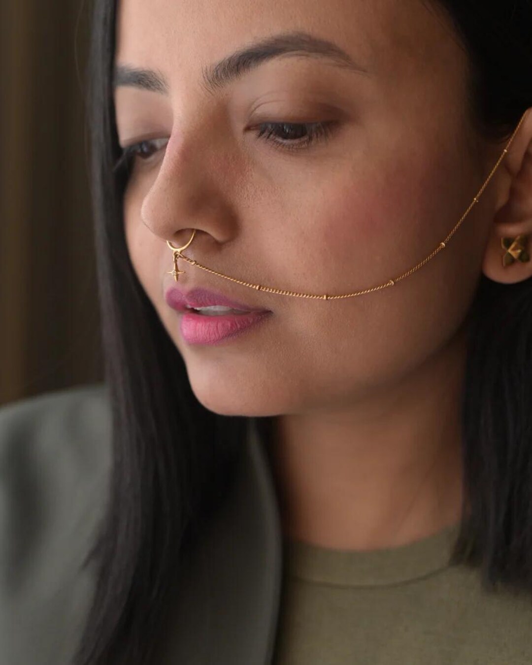 Tara Nath, Tiny Star Nose Chain With Septum Ring, 22K Plated Nose ...