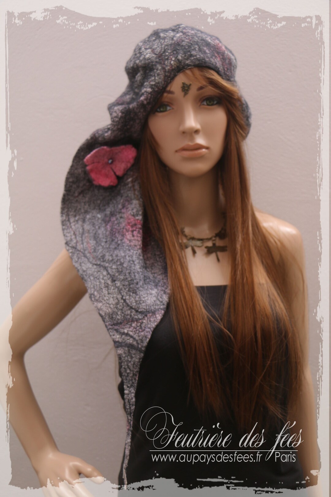 Asymmetrical Long Beret Woman Gray and Pink in Handmade Felt and Silk ...