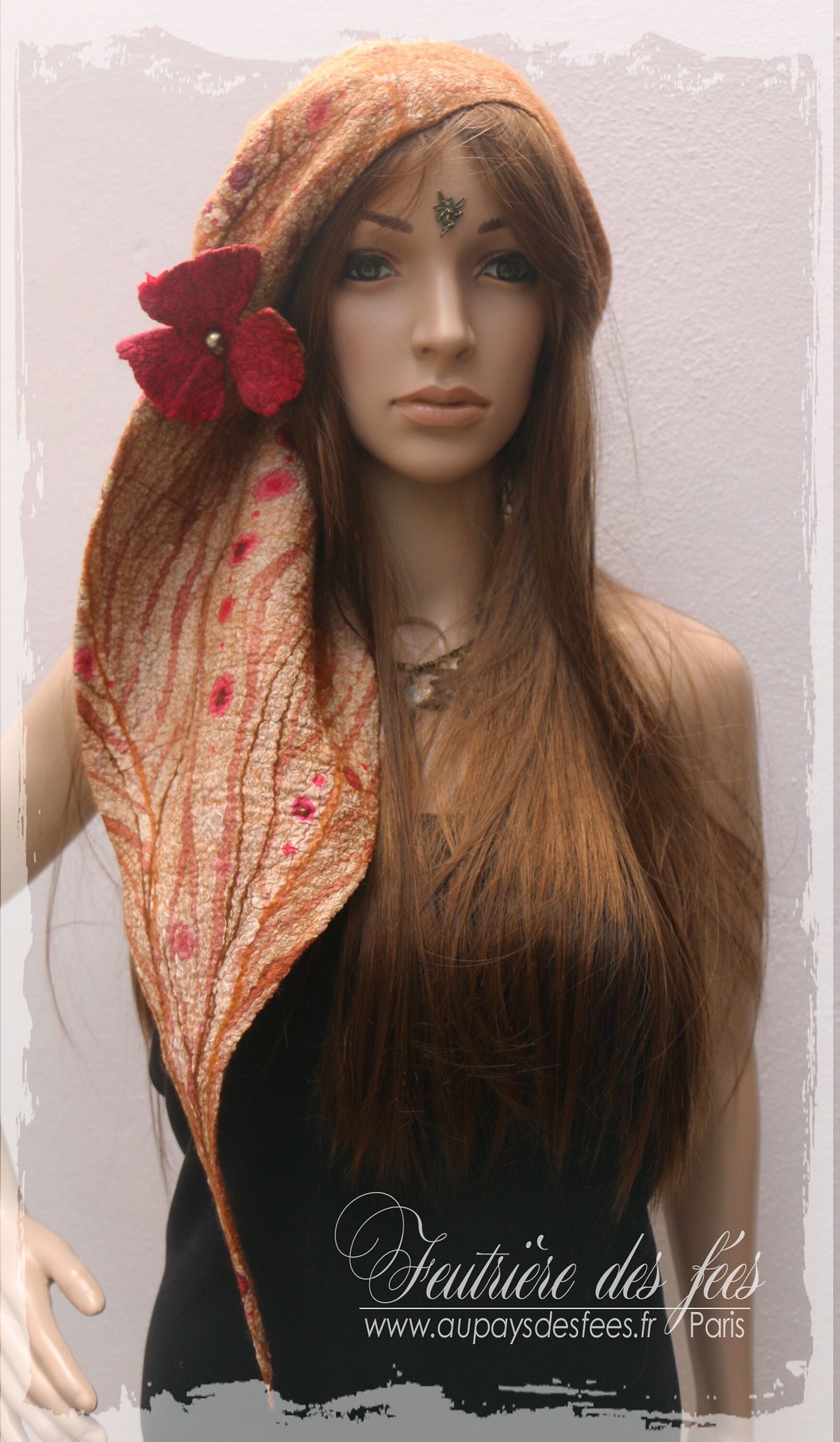 Asymmetrical Long Beret Woman Beige, Caramel and Pink in Handmade Felt ...