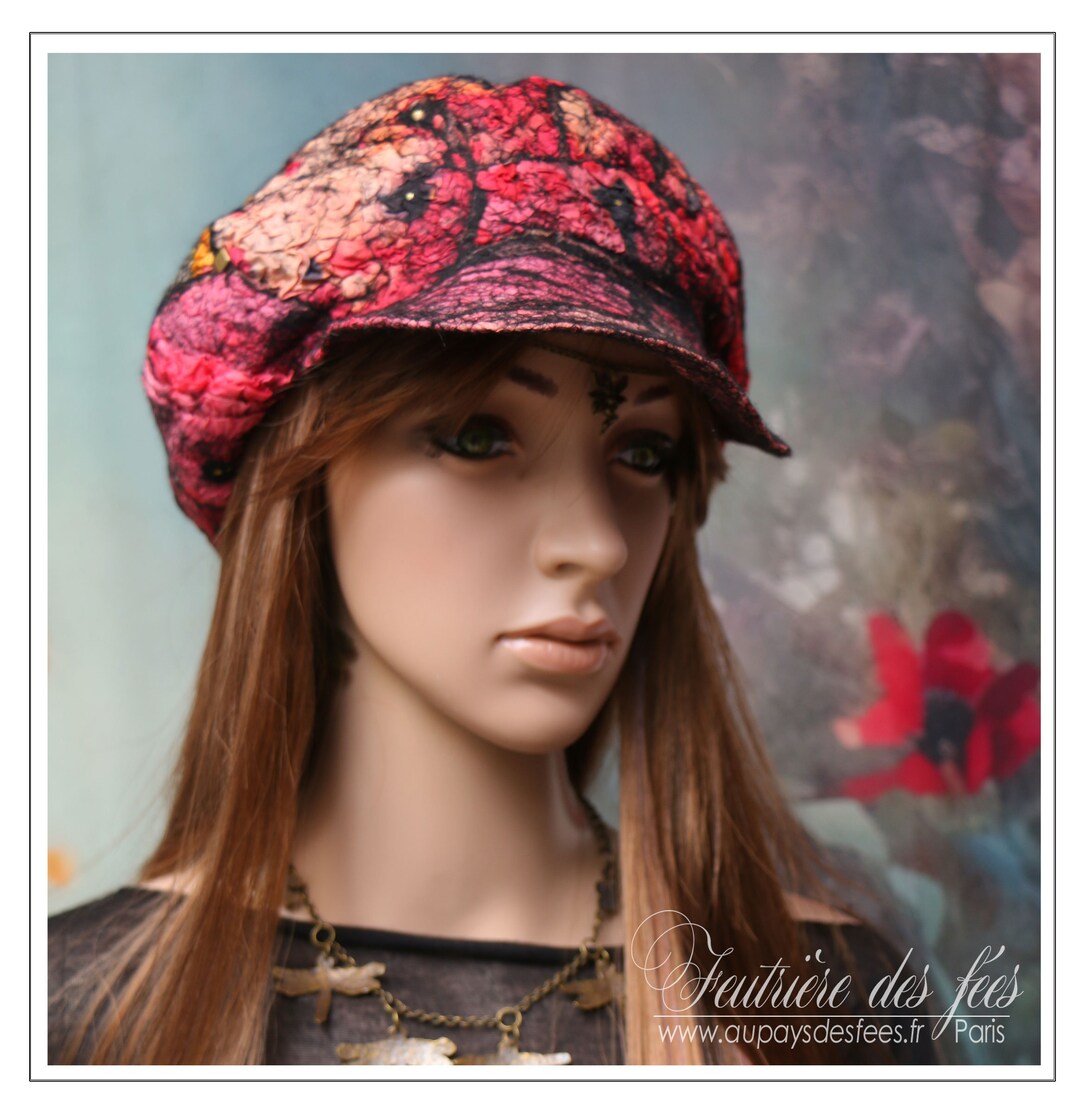 Black, Ocher, Red, Green Women's Cap in Handmade Felt, Silk lili En ...