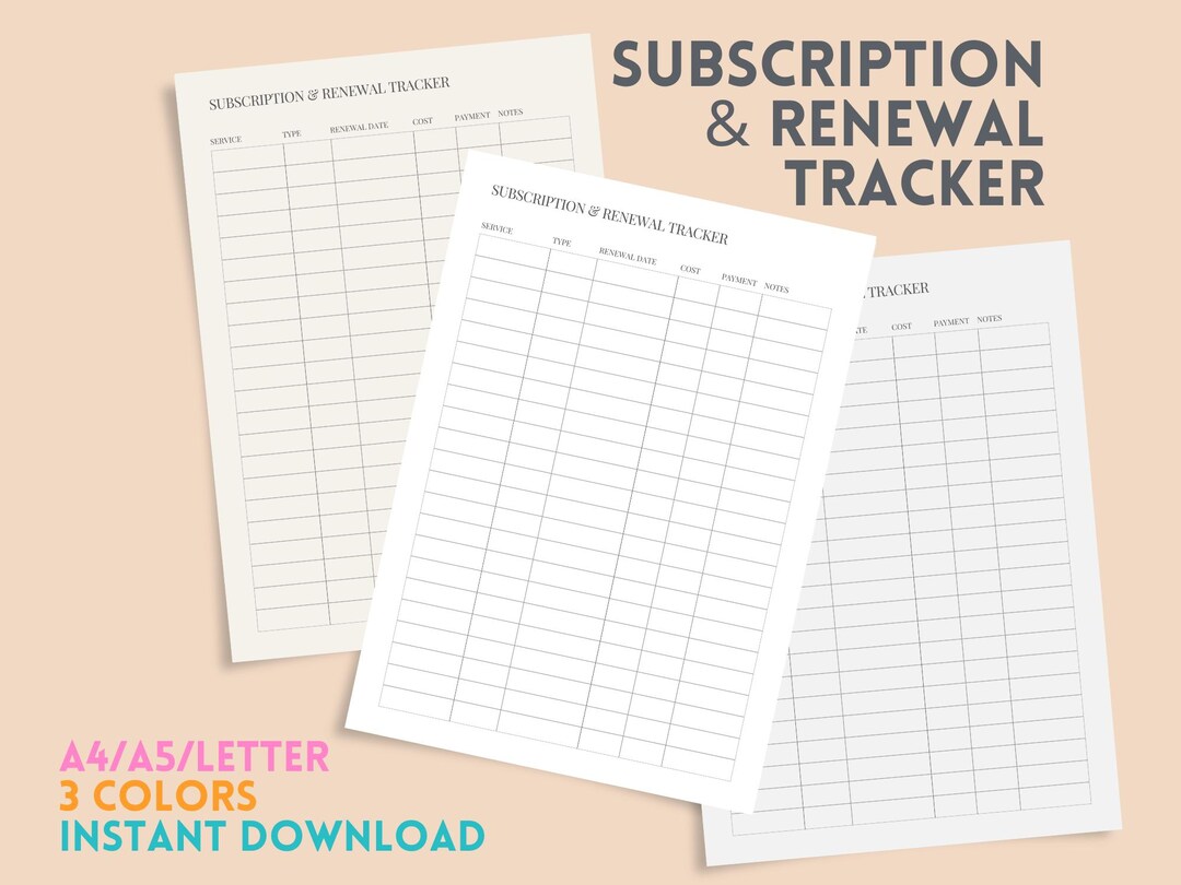 Subscription & Renewal Tracker Printable | Bill and Membership Tracker ...