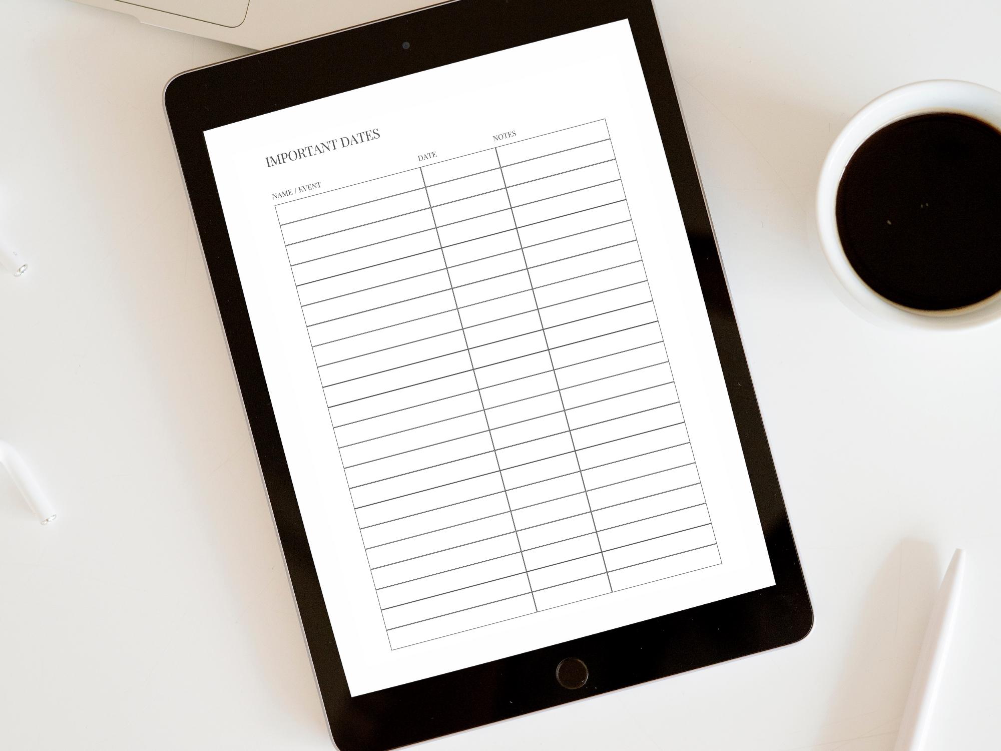 Important Dates Tracker Printable | Birthday & Annyversary Log ...