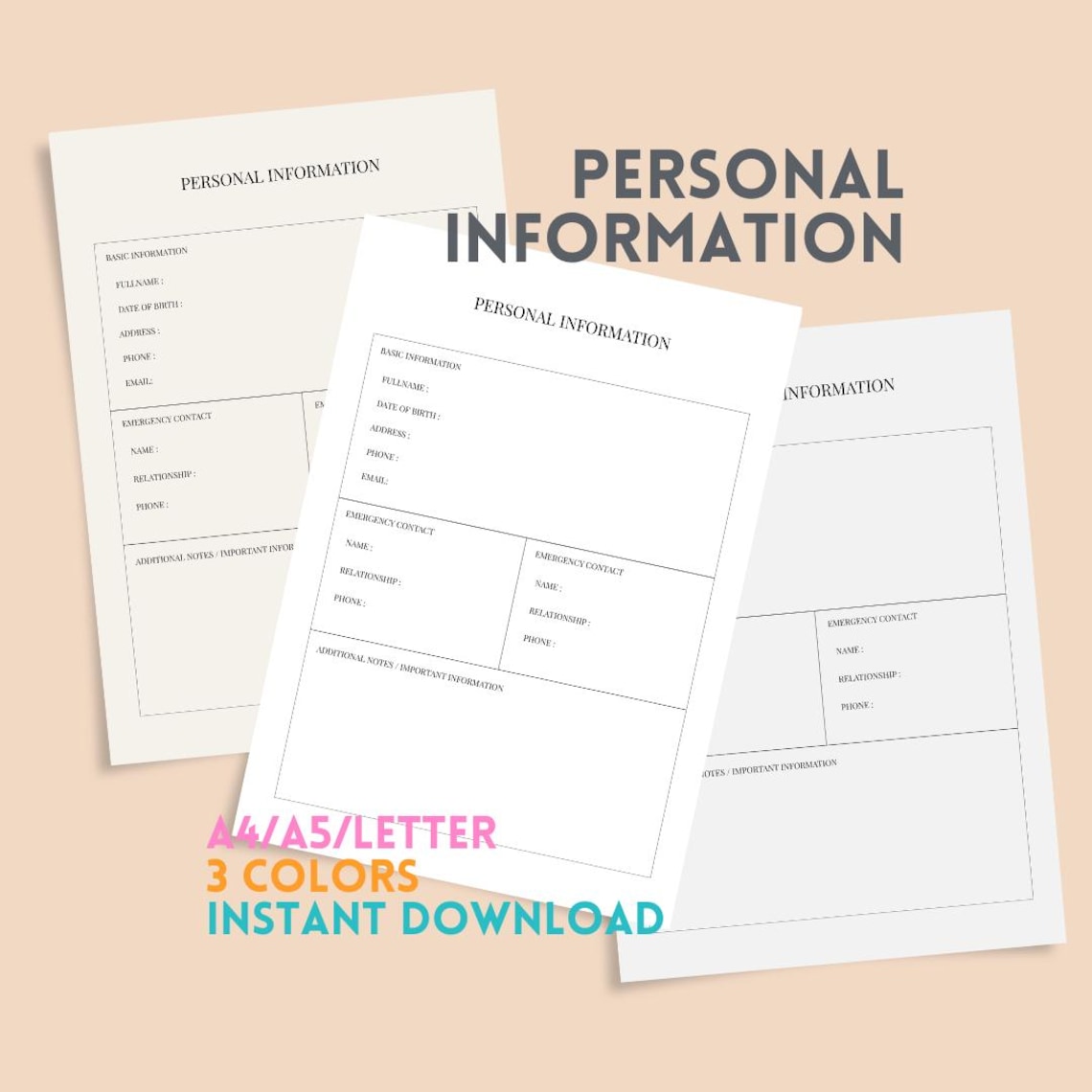 Personal Information Sheet | Printable Personal Details Organizer - Etsy