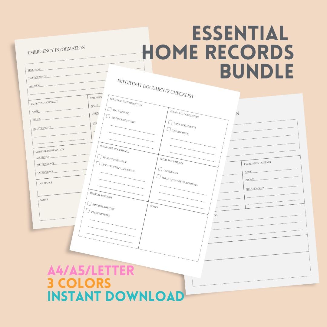 Essential Home Records Bundle | Emergency Info & Documents Checklist ...
