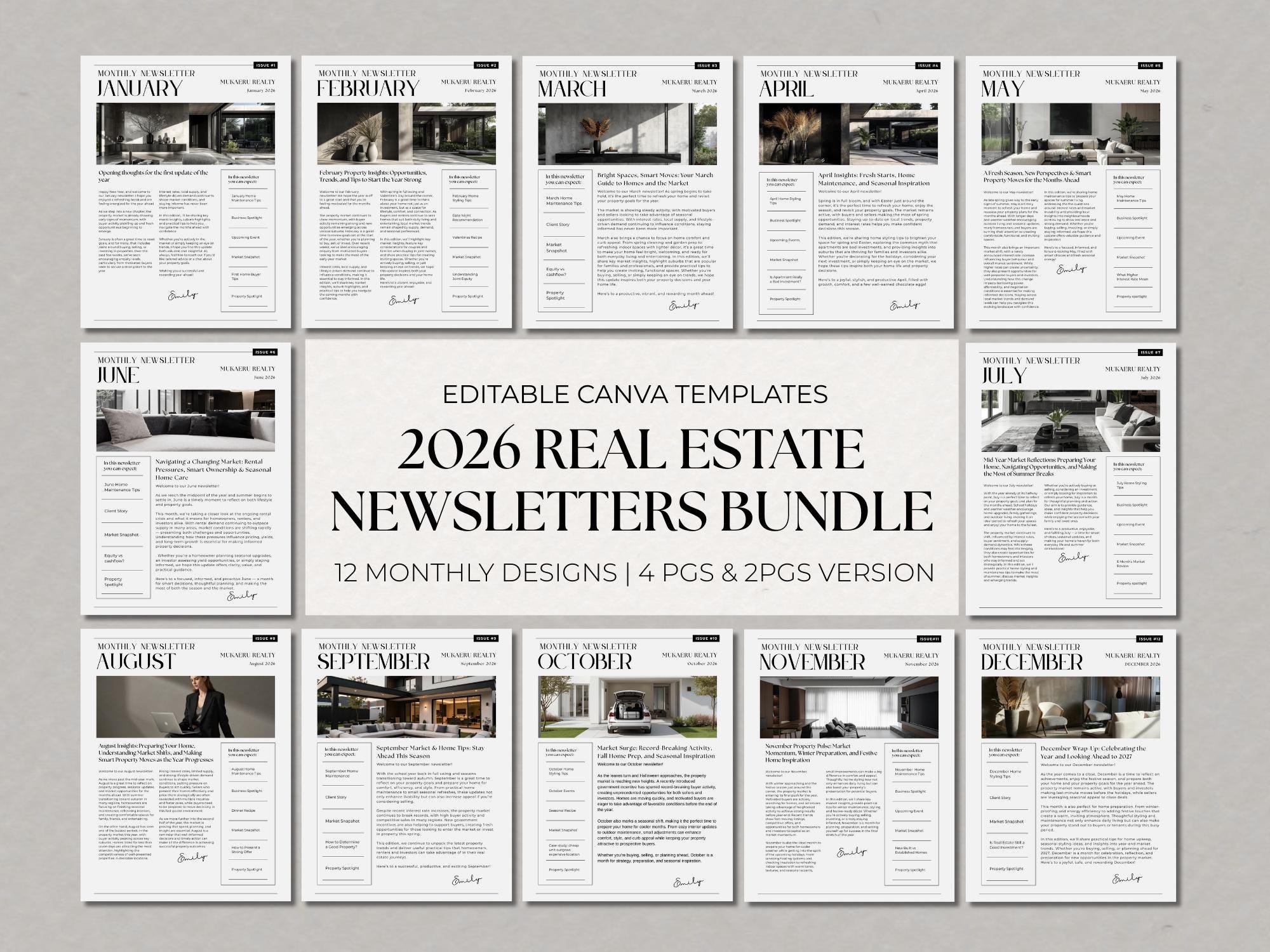 2026 Real Estate Newsletter Template Bundle Editable Canva Marketing ...