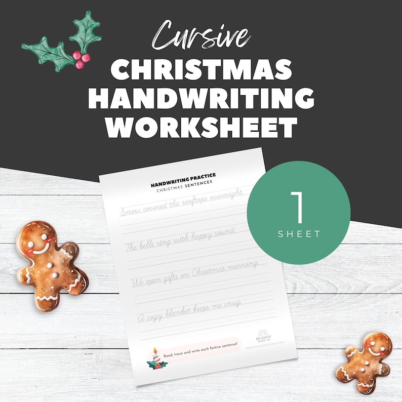 Cursive Christmas Handwriting Worksheet, Kids Cursive Penmanship Sheet ...