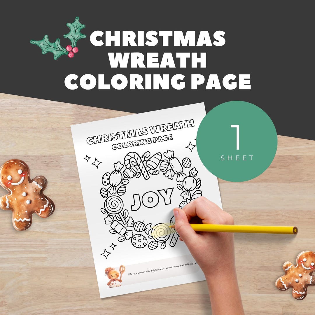 Wreath Coloring Page, Kids Holiday Activity Printable, Kinder Winter ...