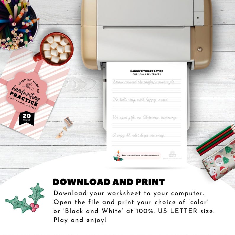 Cursive Christmas Handwriting Worksheet, Kids Cursive Penmanship Sheet ...