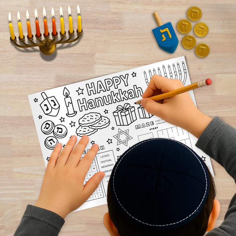 Hanukkah Placemat Coloring Page, Jewish Holiday Classroom Centers ...