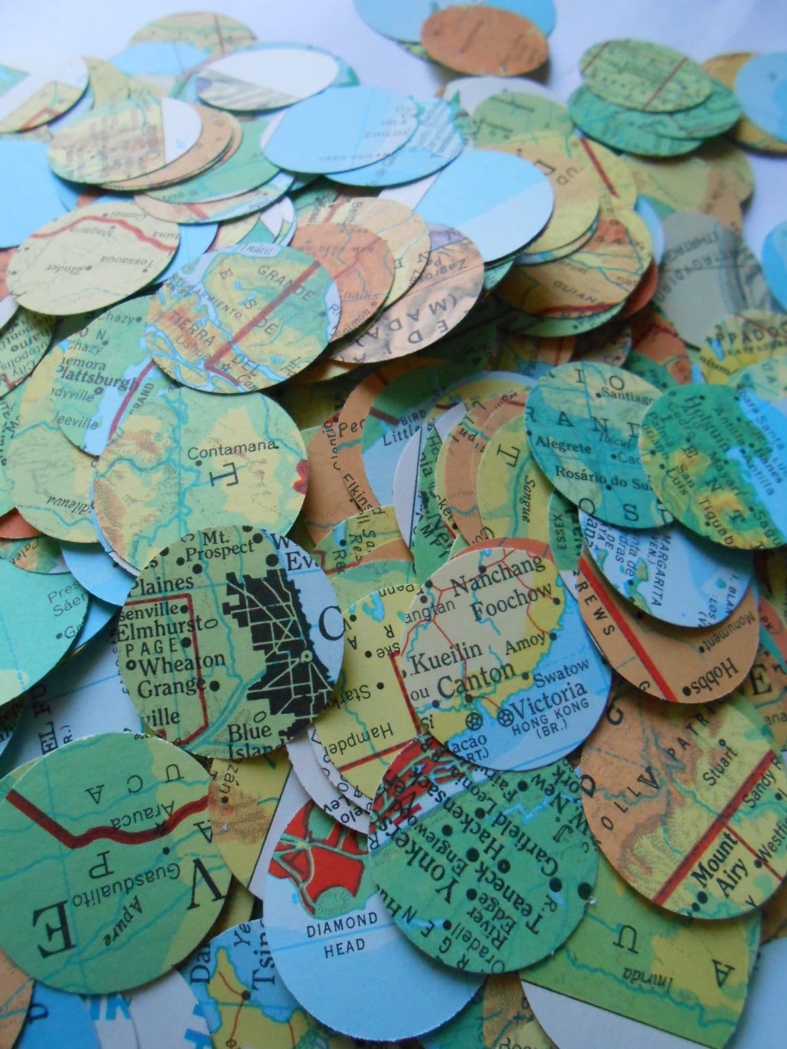 1000 Vintage Map Confetti. Circles OR Hearts. Bright Blue, Orange ...