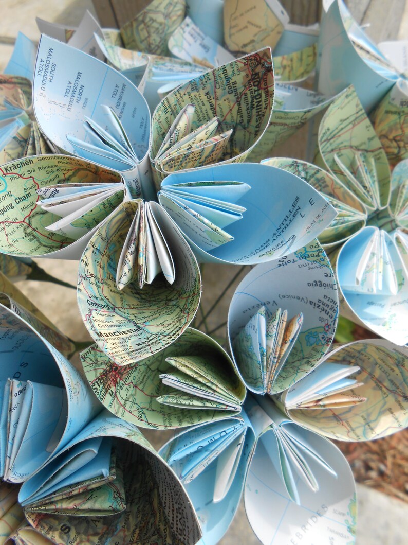 One Dozen Vintage MAP Paper Flowers. Handmade Bouquet. Bridal - Etsy