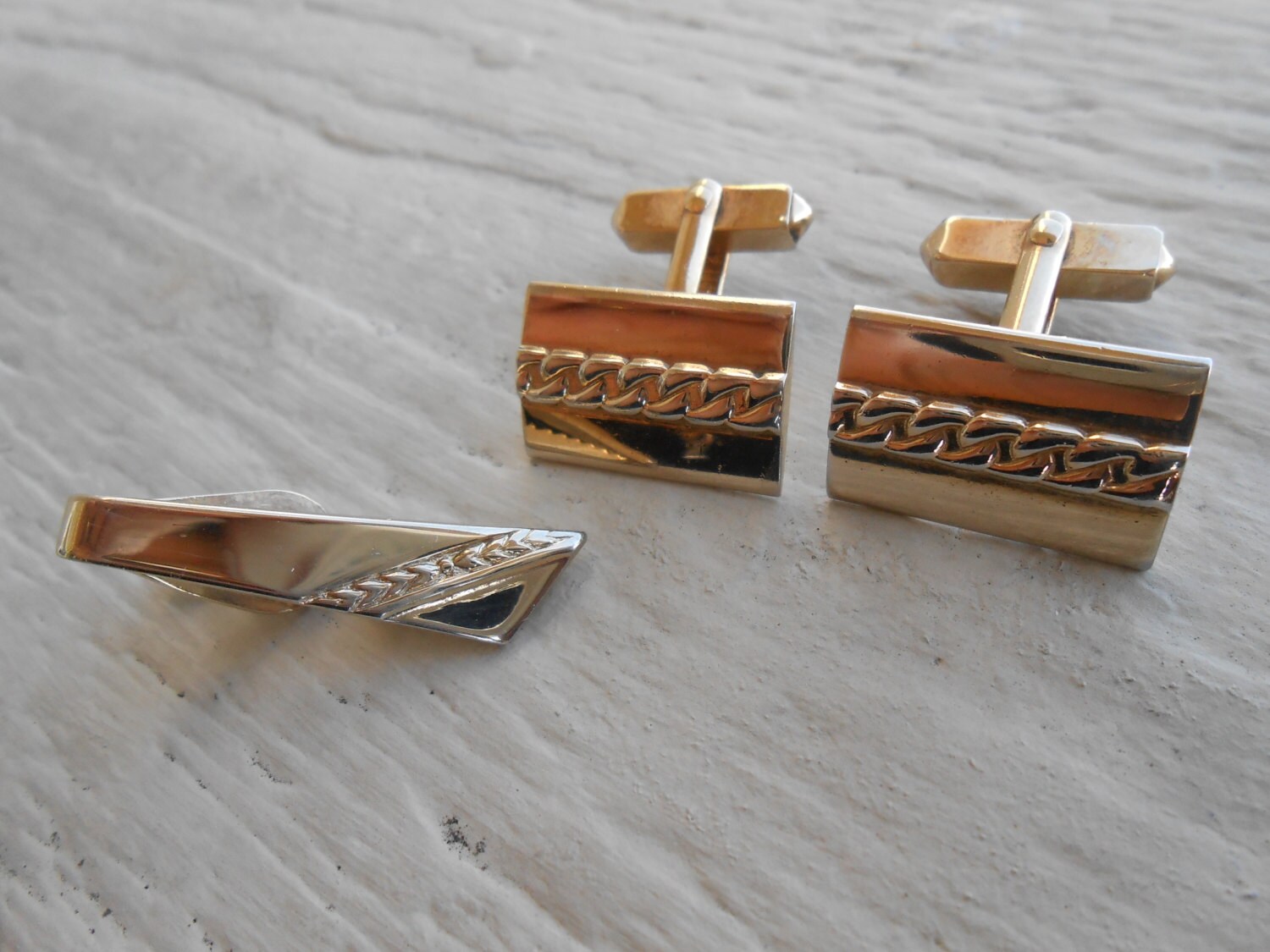 Vintage Gold Cufflinks & Tie Clip. Christmas, Wedding, Groom, Groomsmen ...