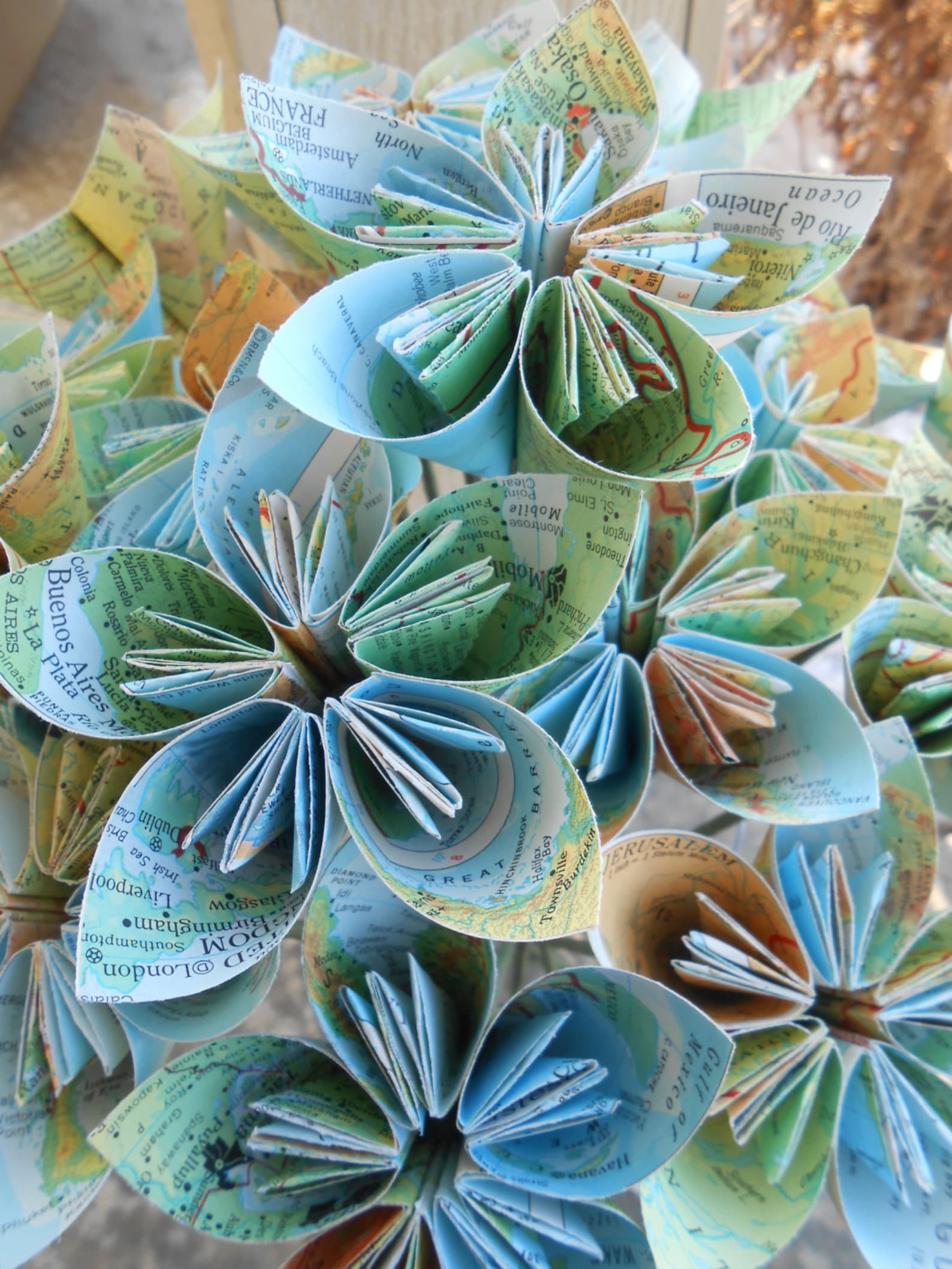 Vintage Map Paper Flower Bouquet, World Map. Origami Paper Flowers ...
