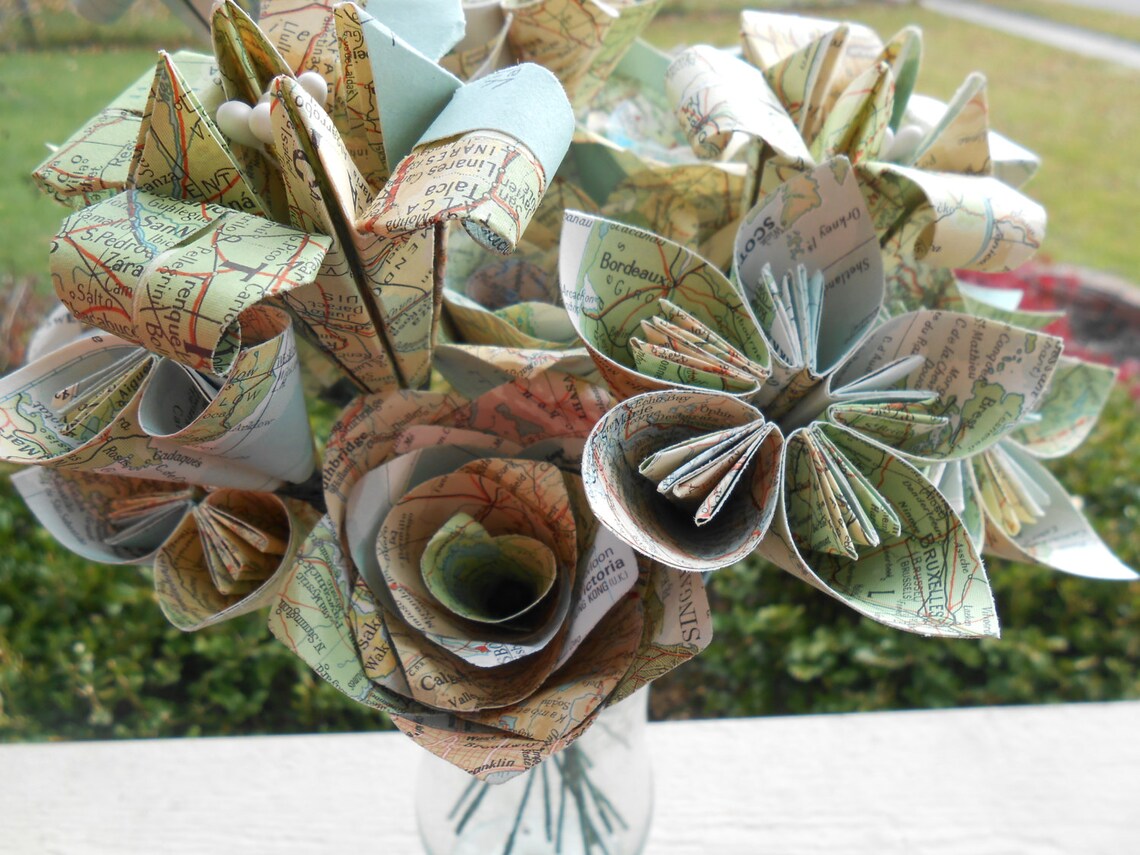 Vintage Map Paper Flower Bouquet World Map. Origami Paper - Etsy