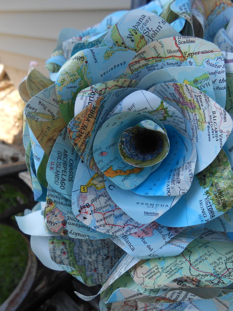 12 Vintage MAP Paper Roses. Home Decor, Wedding Bouquet, First ...