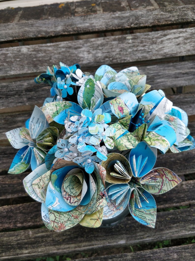 Vintage Map Paper Flower Bouquet Origami Paper Flowers. - Etsy