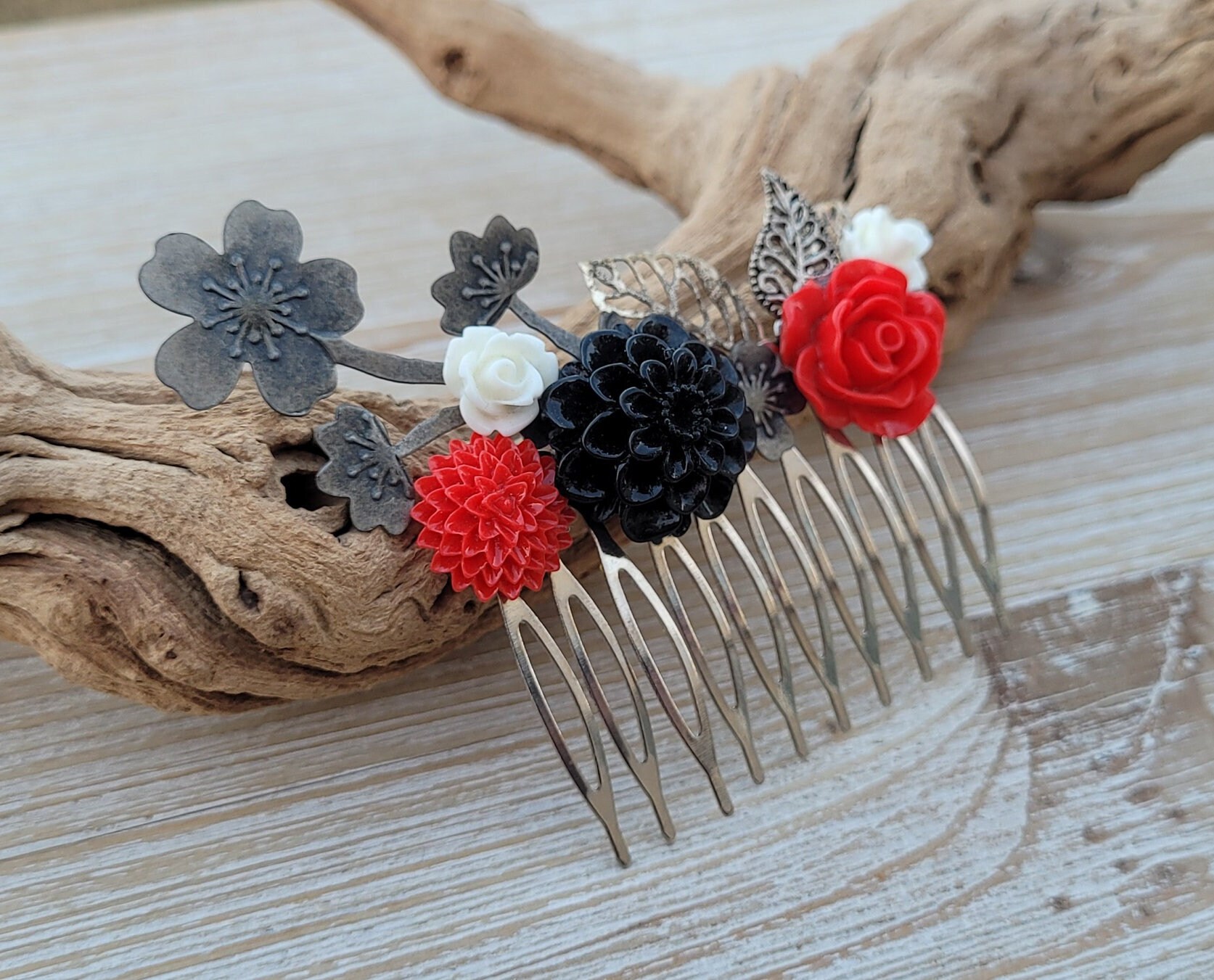 Red, Black, & White Hair Comb. Bridal, Bridesmaid Gift. Shabby Chic ...