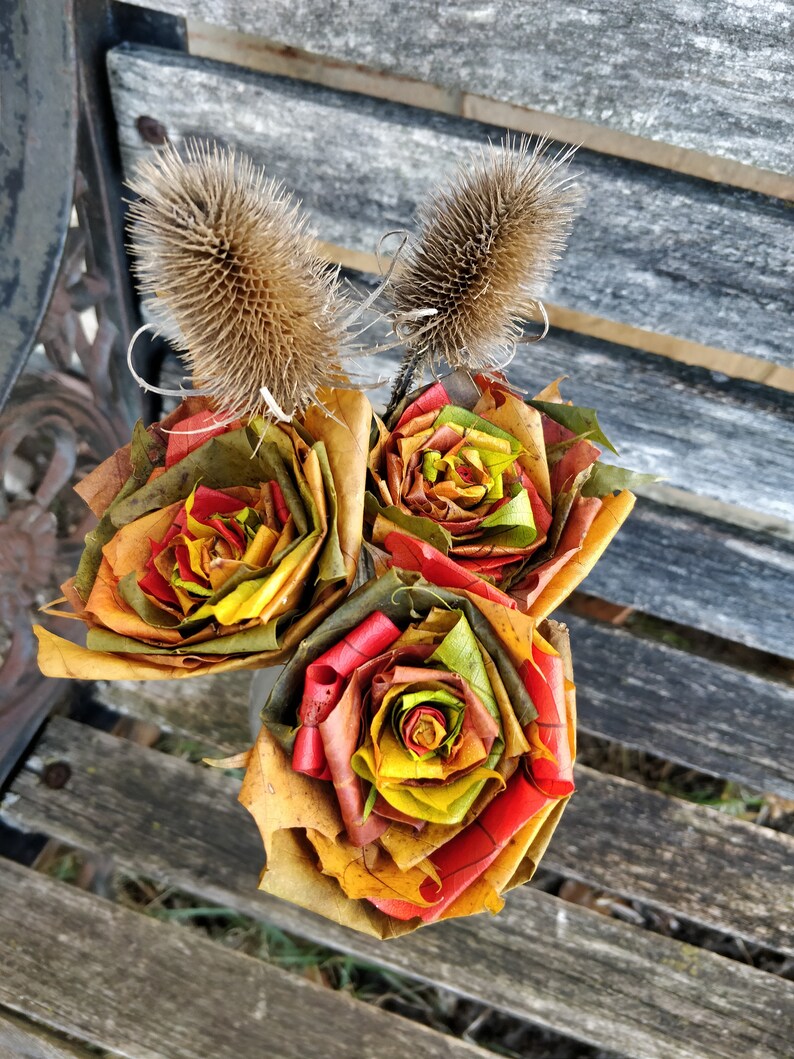 FALL Maple Leaf Rose Bouquet, With Teasel Plants. REAL LEAVES! Fall ...
