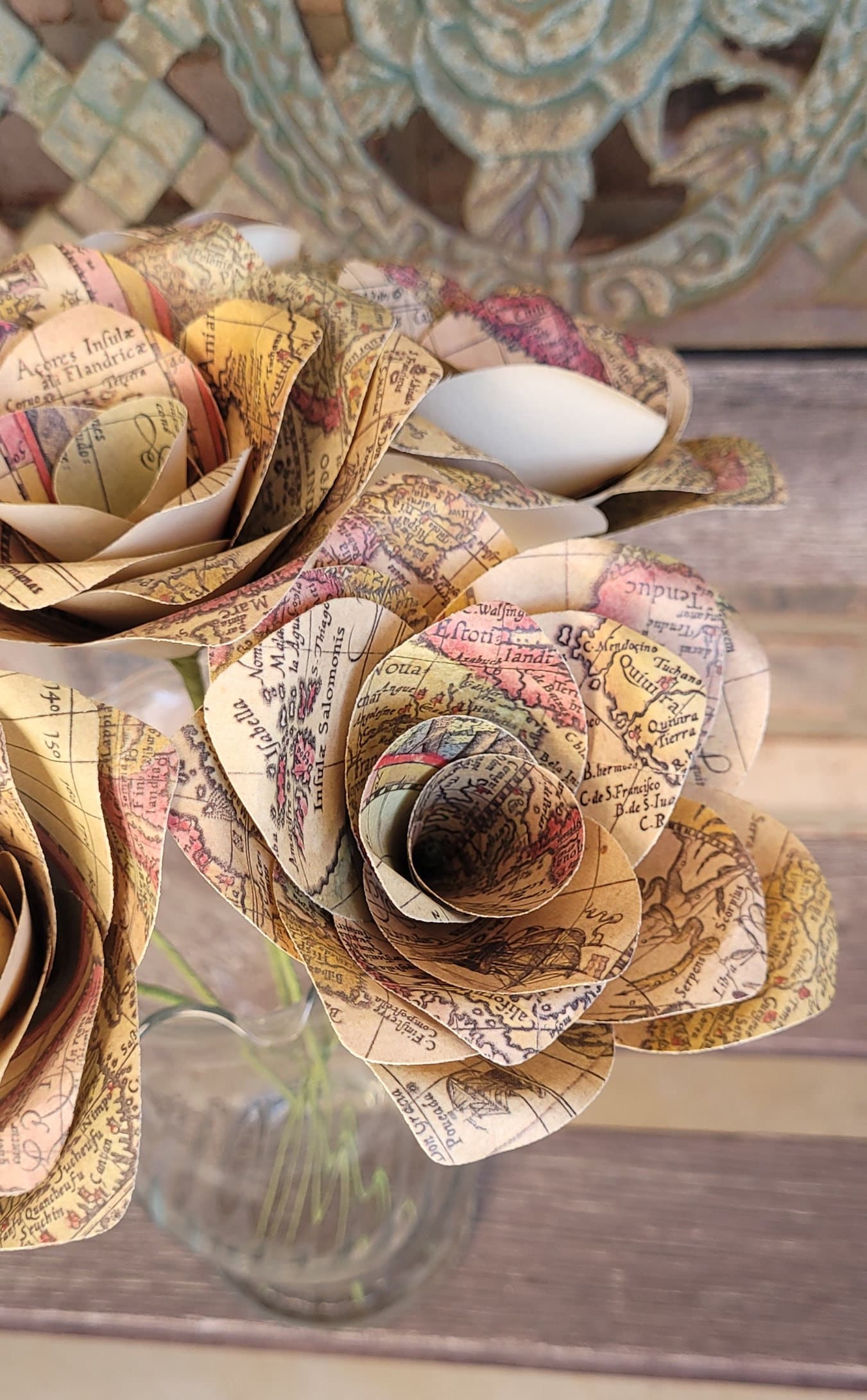 Six Antique Map Paper Roses. Handmade Bouquet. Anniversary, Birthday ...
