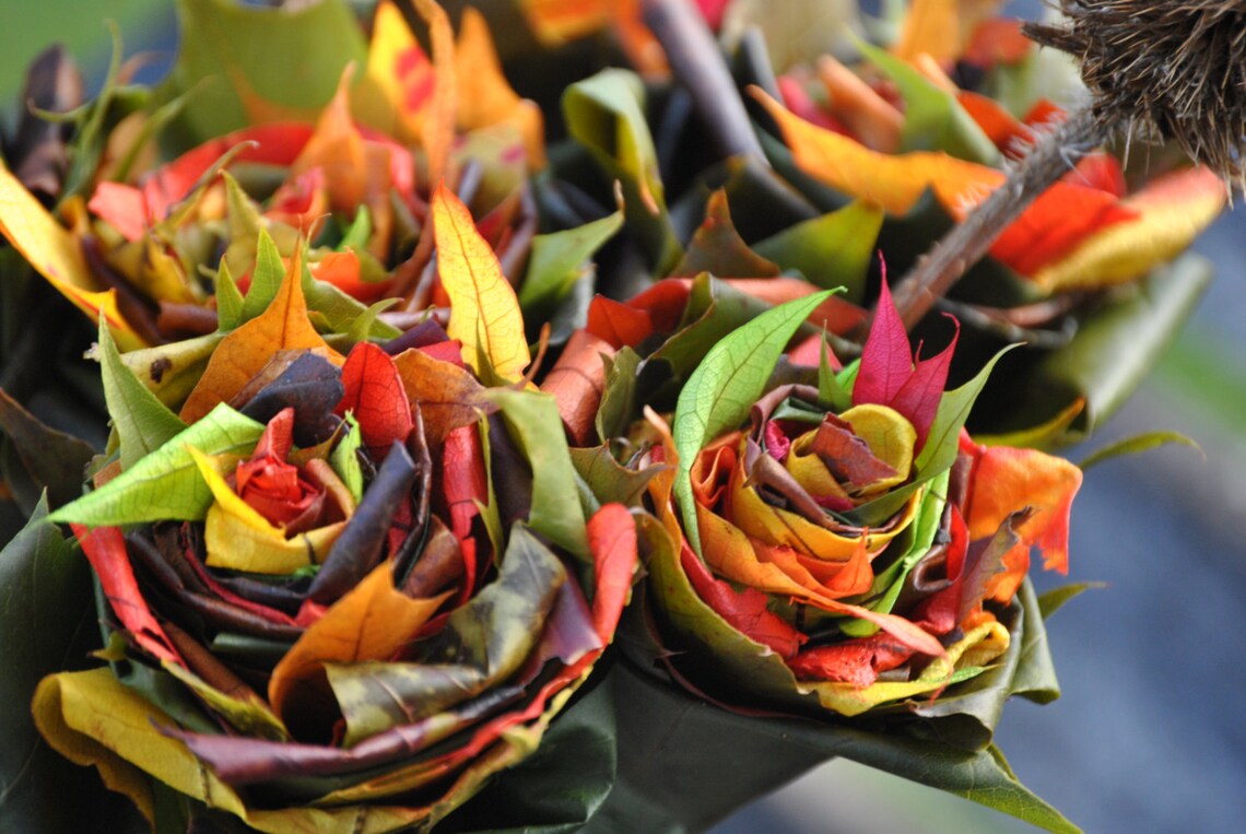 6 FALL Maple Leaf Roses, With Teasel. REAL LEAVES! Fall Home Decor ...