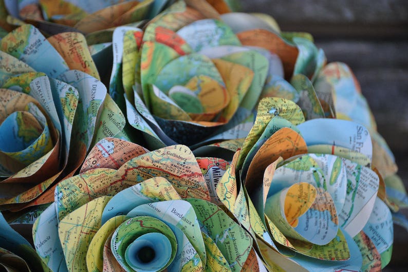 One Dozen Vintage MAP Paper Roses. Handmade Bouquet. Other - Etsy
