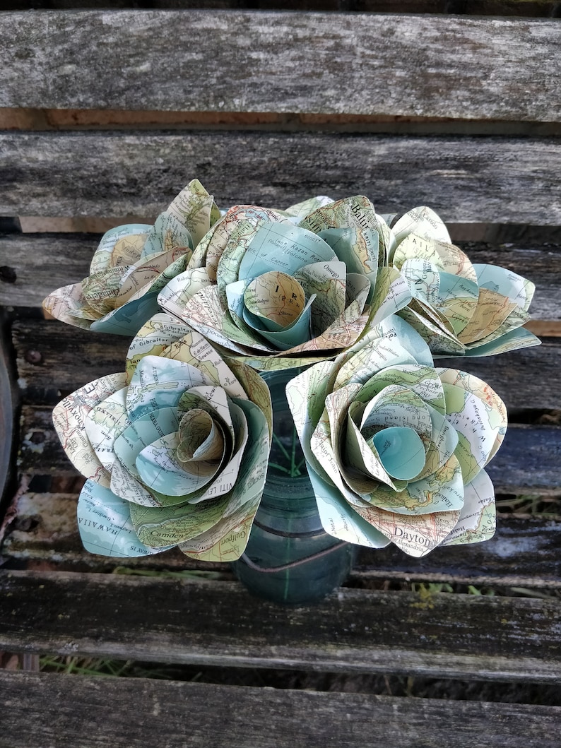 Half Dozen Vintage MAP Paper Roses. Handmade Bouquet. Anniversary ...