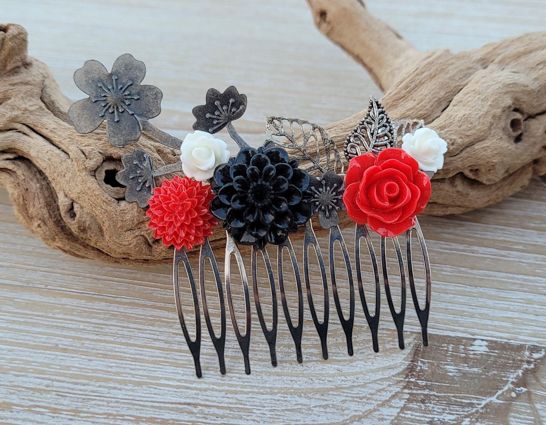 Red, Black, & White Hair Comb. Bridal, Bridesmaid Gift. Shabby Chic ...