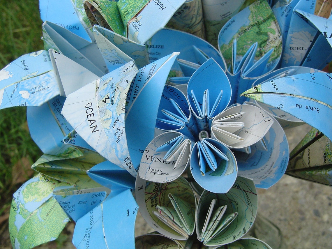 Vintage Map Paper Flower Bouquet. Origami Kusudama Lily. | Etsy