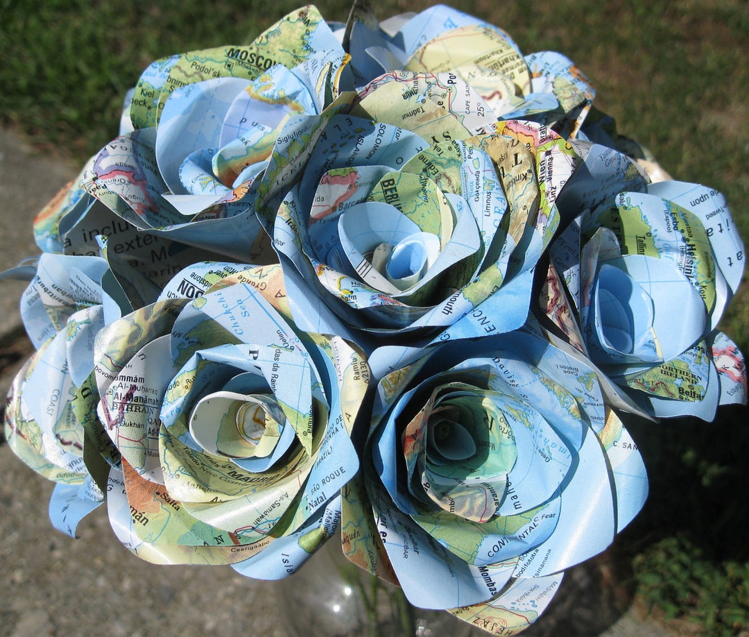 One Dozen Vintage MAP Paper Roses. Handmade Bouquet. Other - Etsy