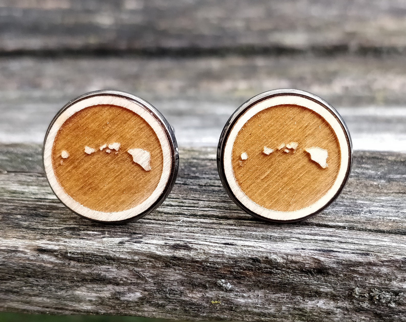 Hawaii Cufflinks. Choose Your Metal Color. Laser Engraved Wood. 20mm ...