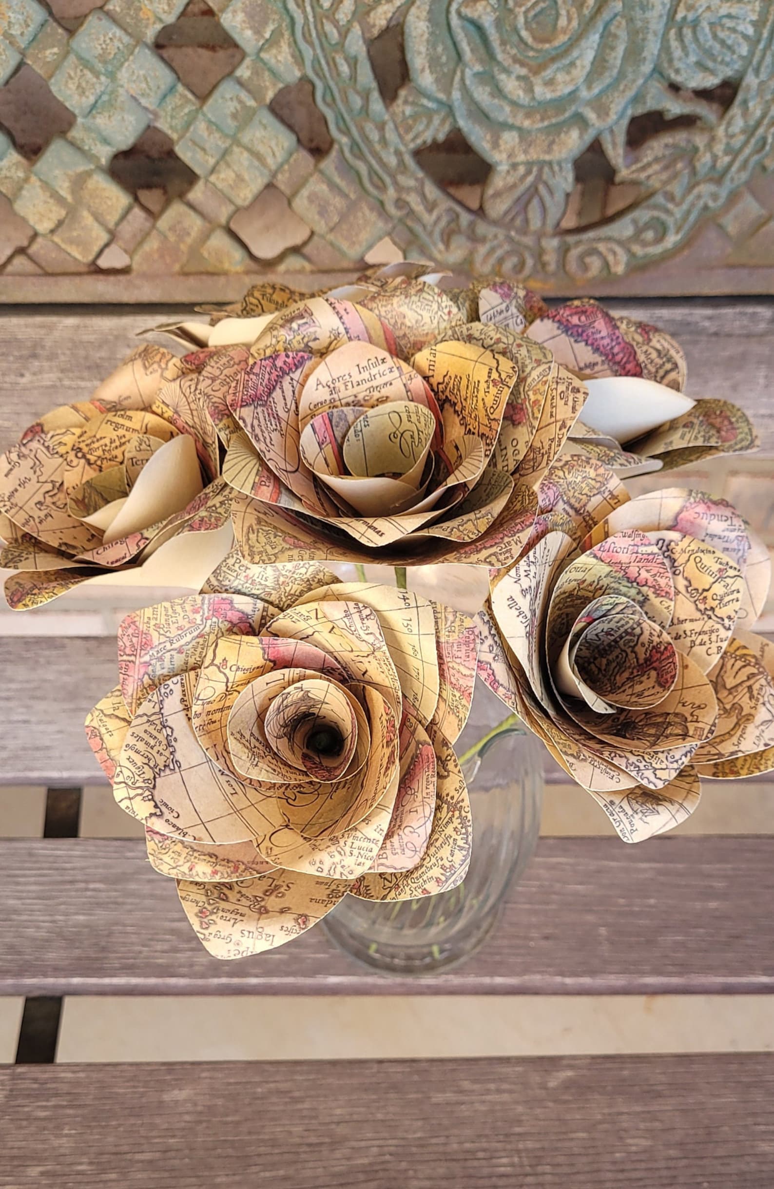Six Antique Map Paper Roses. Handmade Bouquet. Anniversary, Birthday ...