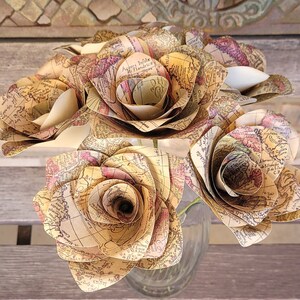 Six Antique Map Paper Roses. Handmade Bouquet. Anniversary, Birthday ...