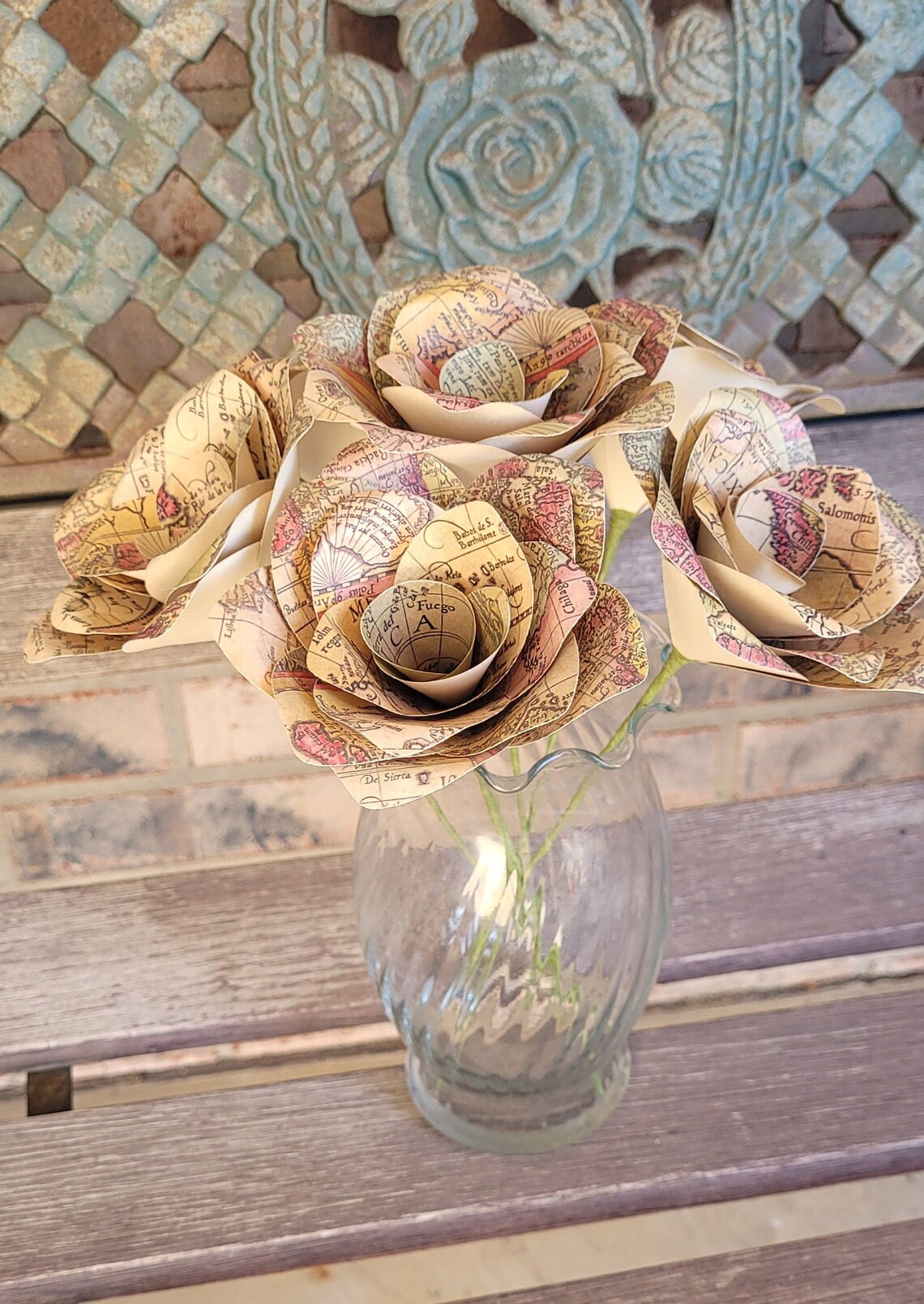 Six Antique Map Paper Roses. Handmade Bouquet. Anniversary, Birthday ...