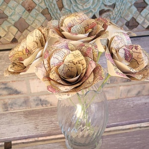 Six Antique Map Paper Roses. Handmade Bouquet. Anniversary, Birthday ...