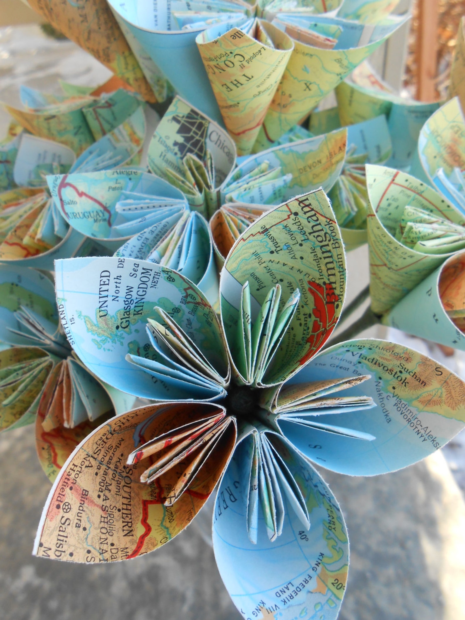 Vintage Map Paper Flower Bouquet, World Map. Origami Paper Flowers ...