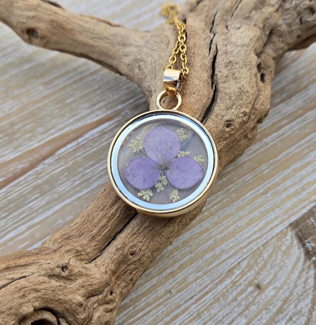 Purple Hydrangea Flower Necklace. Real Pressed Flower Necklace. Gift ...