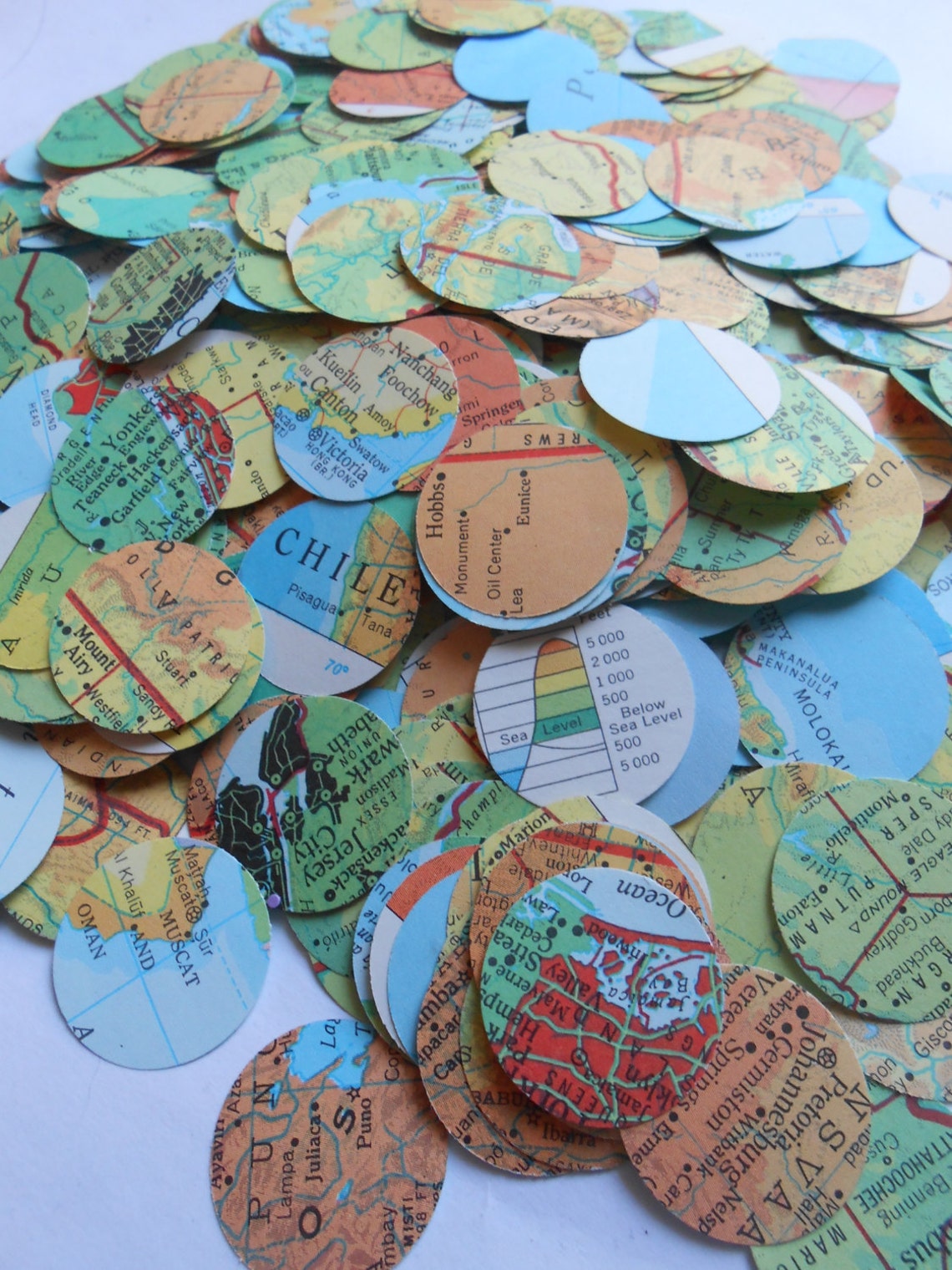 1000 Vintage Map Confetti. Circles OR Hearts. Bright Blue, Orange ...