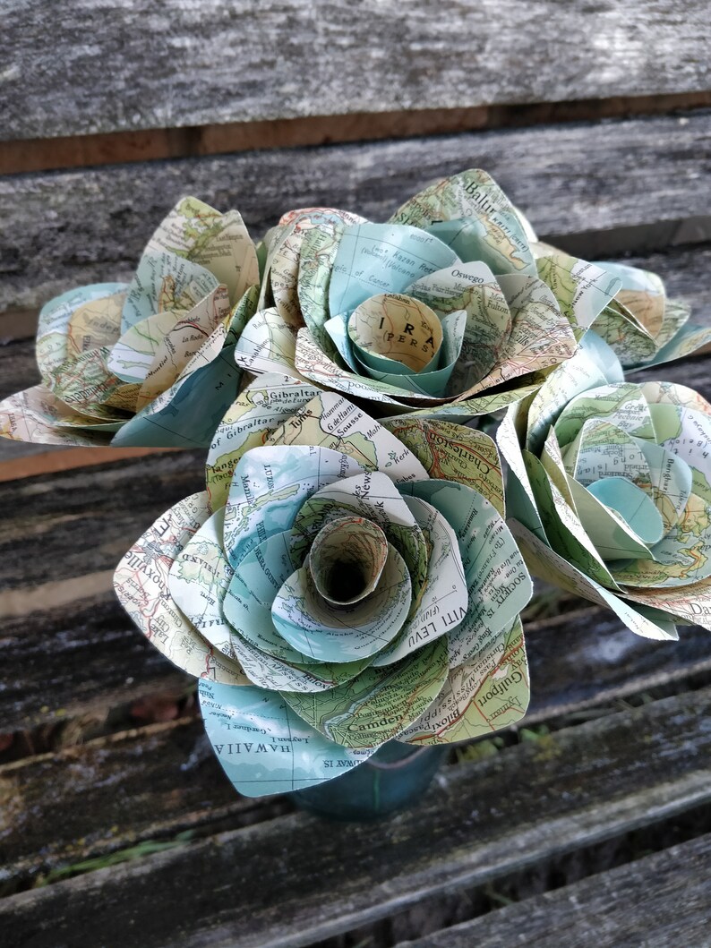 Half Dozen Vintage MAP Paper Roses. Handmade Bouquet. Anniversary ...