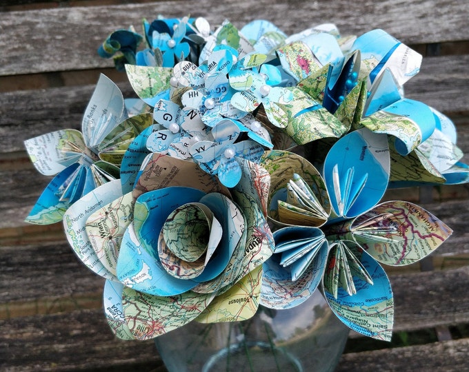 Vintage Map Paper Flower Bouquet Origami Paper Flowers. - Etsy