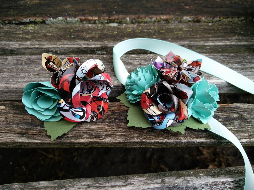 Comic Corsage & Boutonniere SET. Choose Your Comics, Colors. Wrist or ...