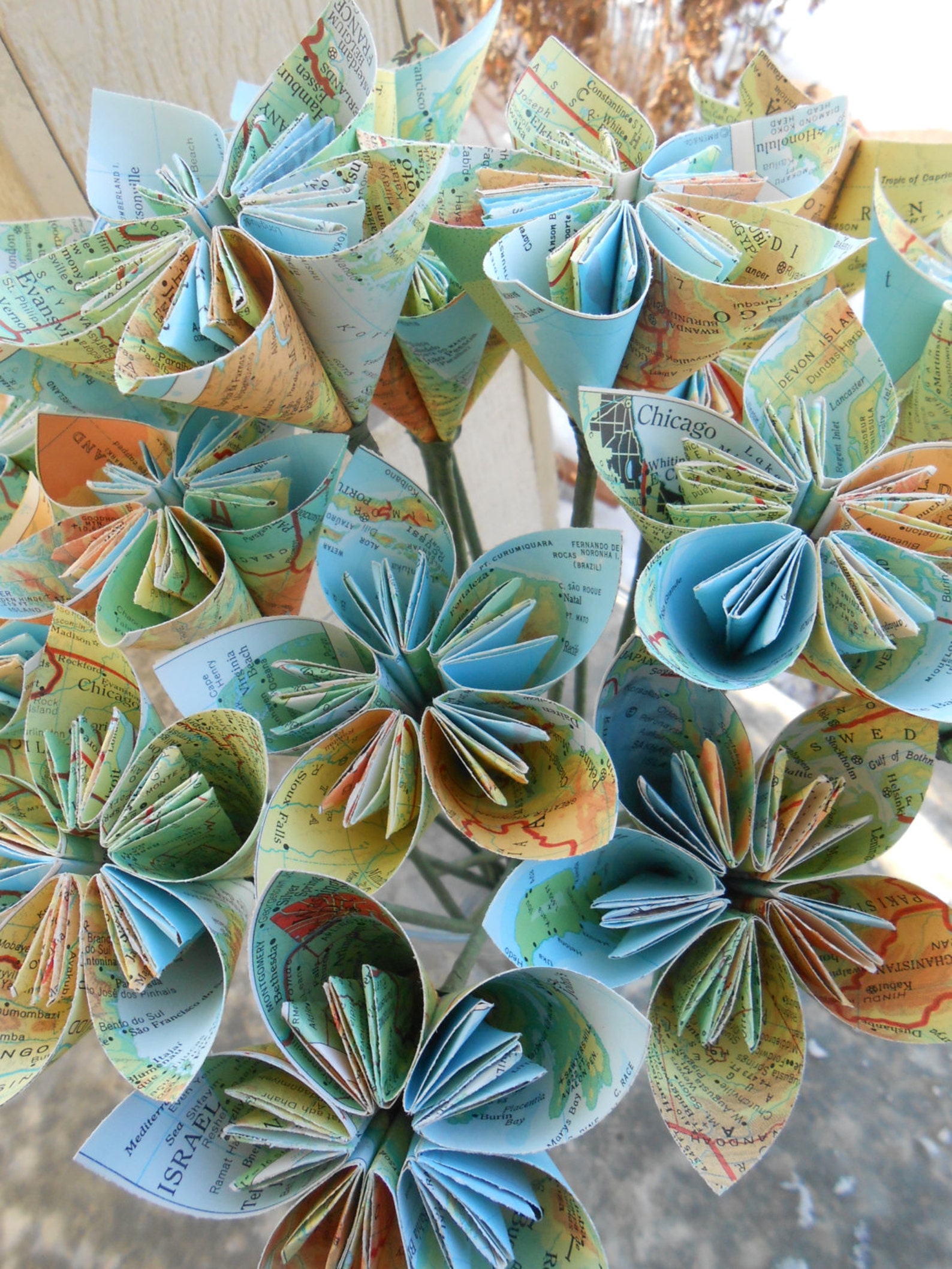 Vintage Map Paper Flower Bouquet World Map. Origami Paper | Etsy