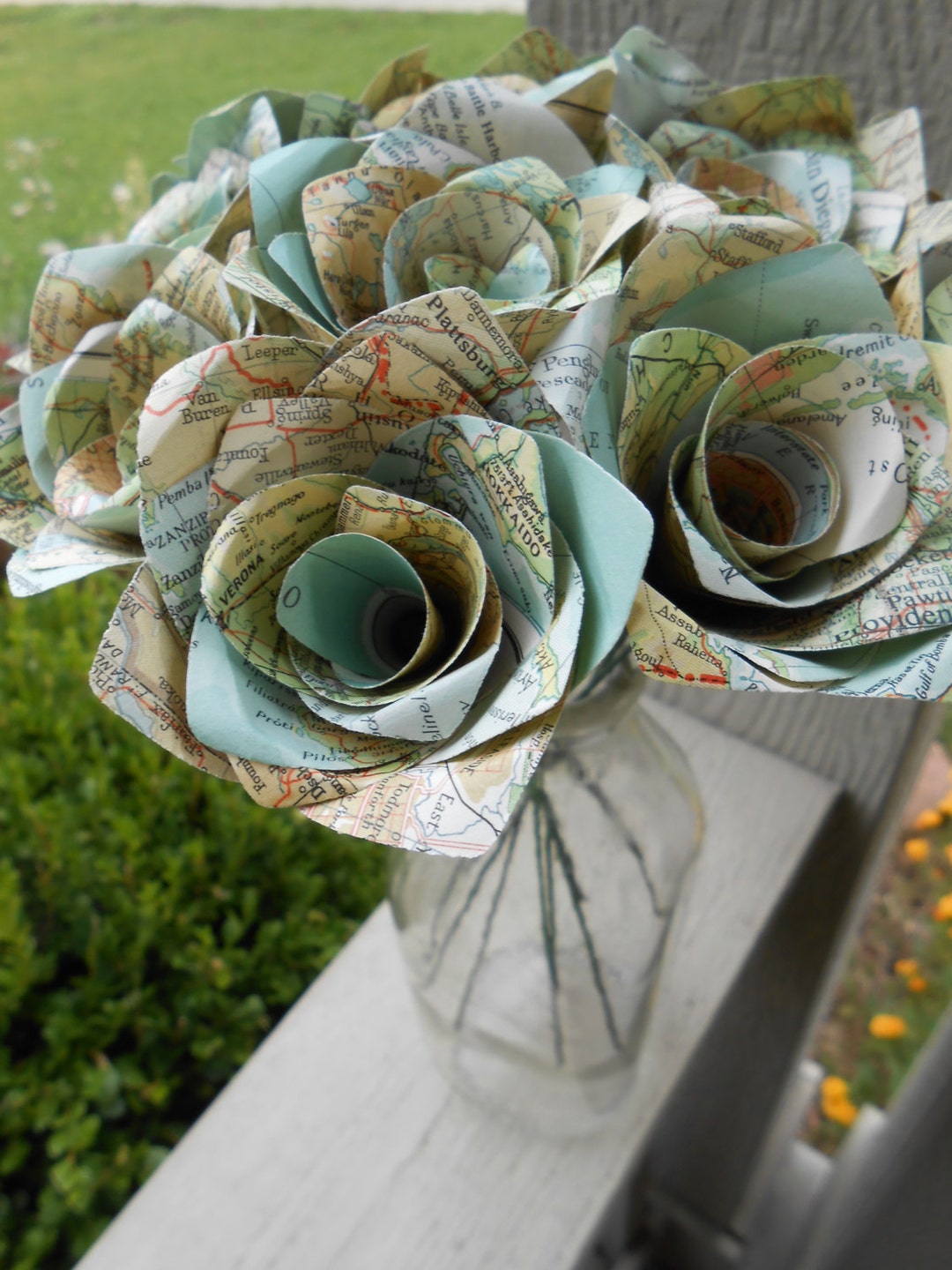 One Dozen Vintage MAP Paper Roses. Gift, Wedding, Anniversary, Birthday ...
