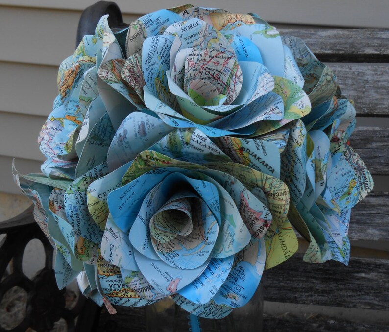 12 Vintage MAP Paper Roses. Home Decor, Wedding Bouquet, First ...